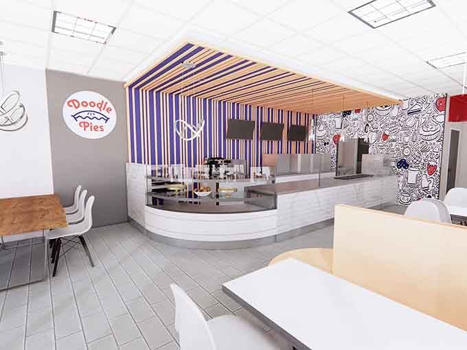 Those purple and white stripes create a canopy that's part circus tent, part modern art, all delicious possibility.