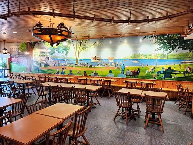 That lakeside mural transports you to Skaneateles shores while you devour crispy fish in climate-controlled comfort indoors.