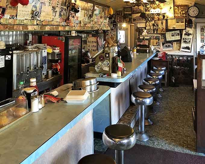 Chrome stools, a gleaming counter, and memorabilia covering every surface create a time capsule that's still serving breakfast daily.
