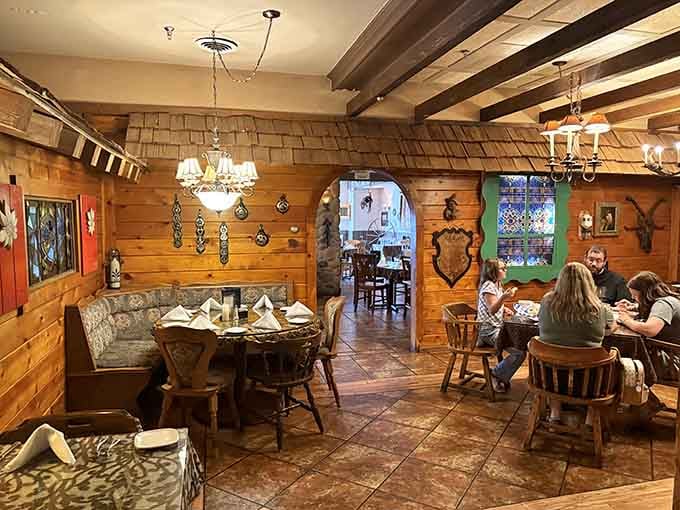 Wood beams, warm lighting, and traditional decor create the kind of cozy atmosphere that makes you want to linger.