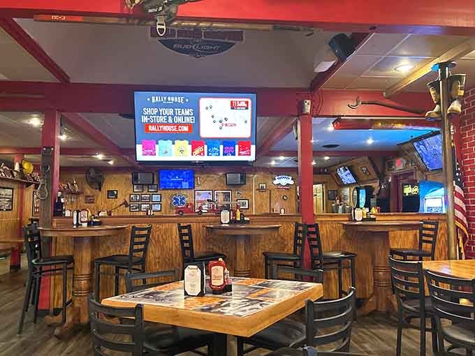 Wood paneling, firefighter patches, and enough TVs to make every sports fan simultaneously happy.