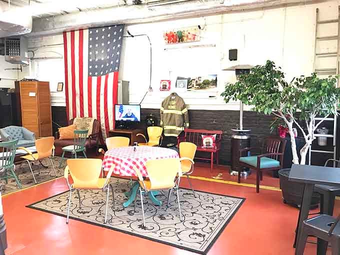 Step inside where firefighters once bunked, and you'll find the coziest mishmash of vintage furniture and patriotic charm imaginable.