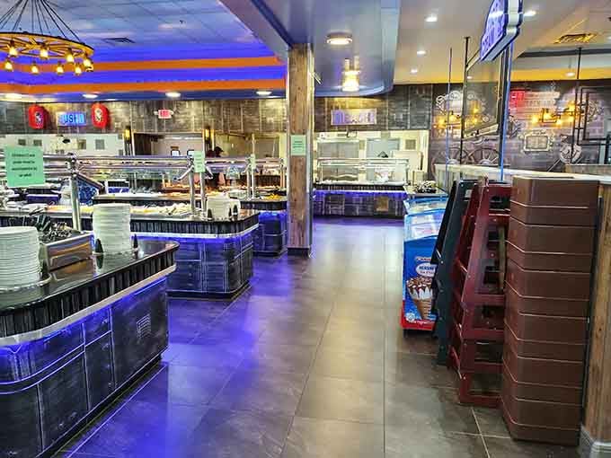 Modern buffet stations stretching into the distance like a delicious highway of endless culinary possibilities ahead.