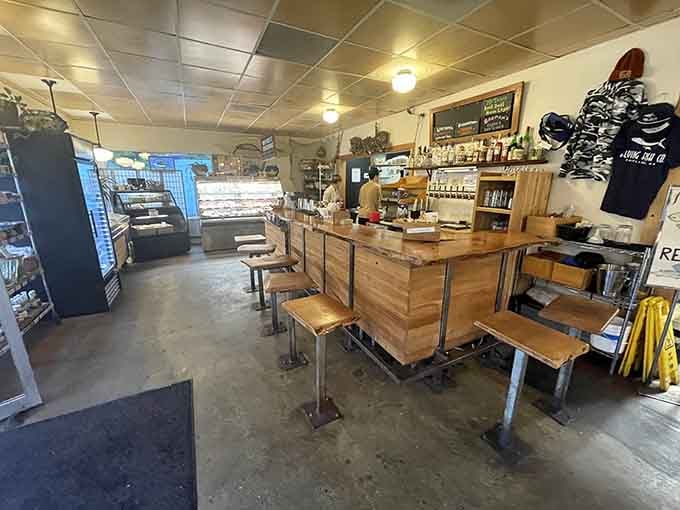 Simple wooden seating and concrete floors mean they're spending money where it counts: on the fish, not the furniture.