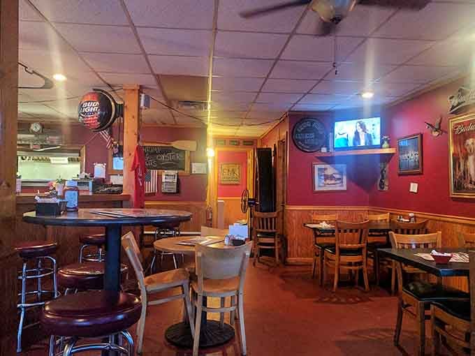 Wood paneling, beer signs, and ceiling fans spinning lazily overhead create the perfect no-pressure breakfast atmosphere.