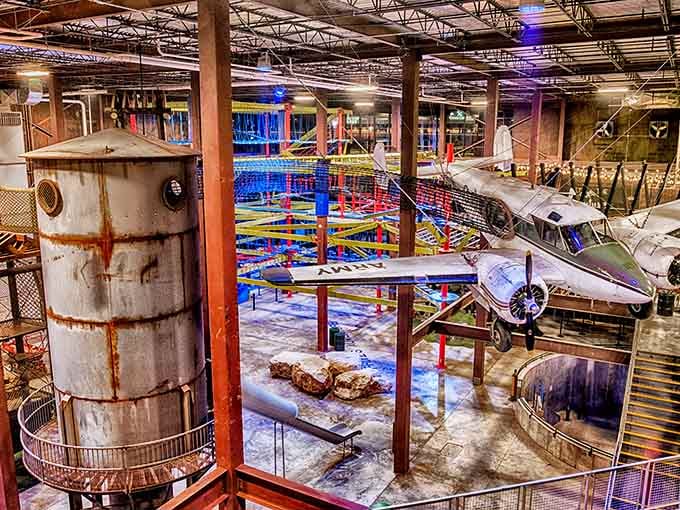 Inside looks like an explorer's fever dream, complete with vintage planes and obstacles that defy gravity's authority.
