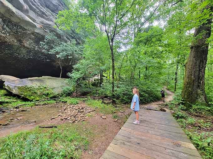 Wooden walkways guide you past sandstone overhangs that make you feel wonderfully small in the best possible way.