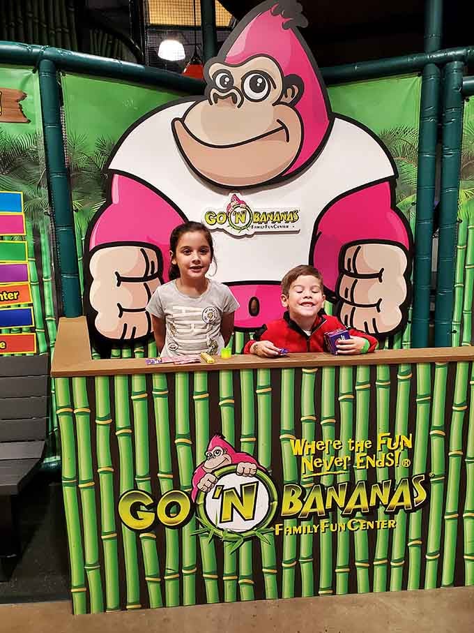 That friendly pink gorilla mascot welcomes families with a grin bigger than your kid's excitement level.