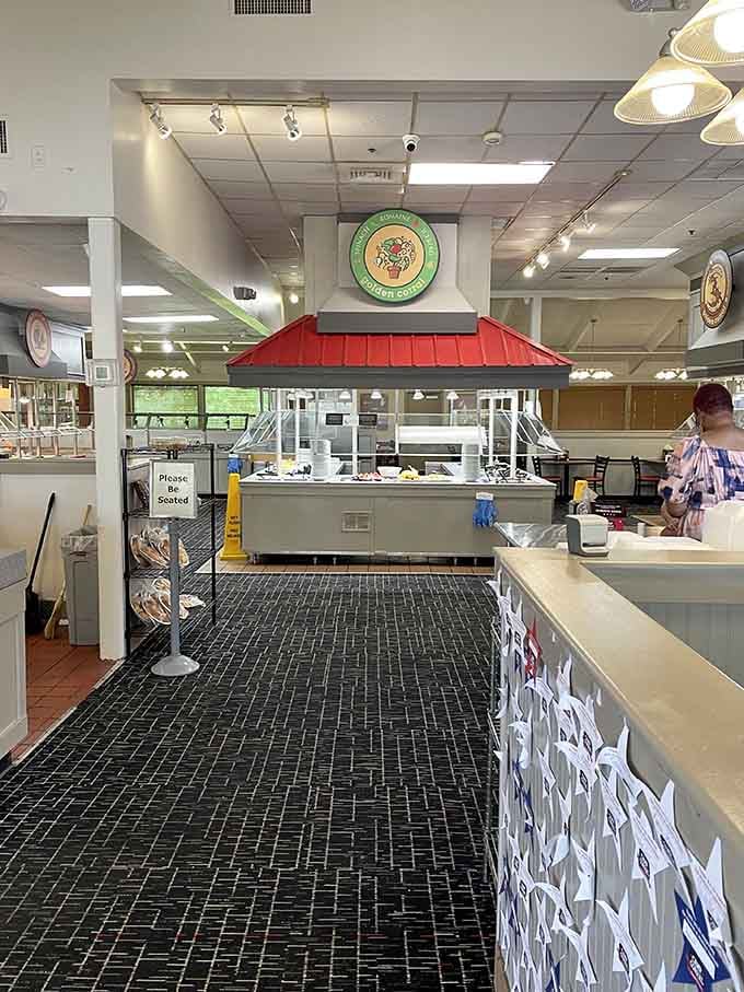 Inside, the buffet stations gleam like a promise kept, ready to deliver endless culinary adventures.