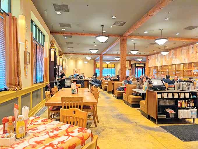 Exposed beams, warm lighting, and booths that invite lingering&mdash;this is where mornings transform into memorable experiences.