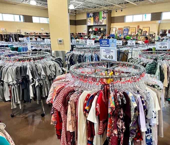 Rows of clothing stretch toward the horizon like a fabric rainbow promising affordable fashion adventures ahead.