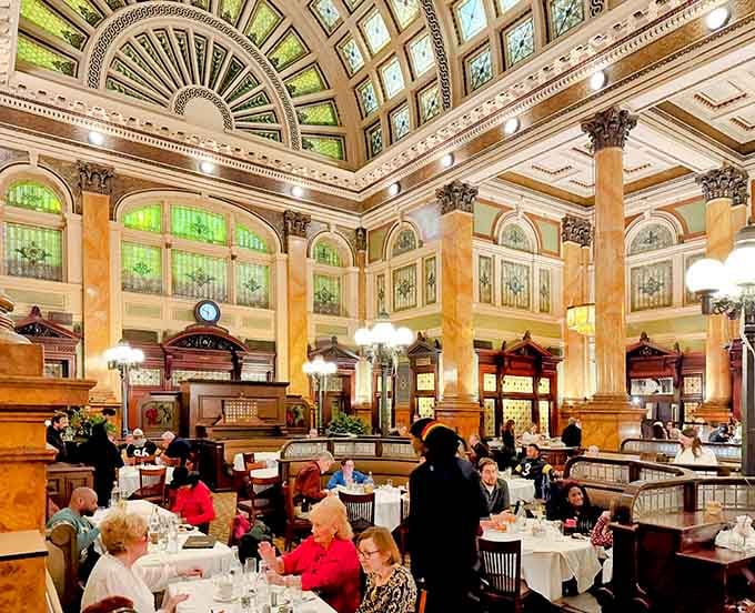 Soaring ceilings and stained glass transform breakfast into a feast fit for railroad royalty.
