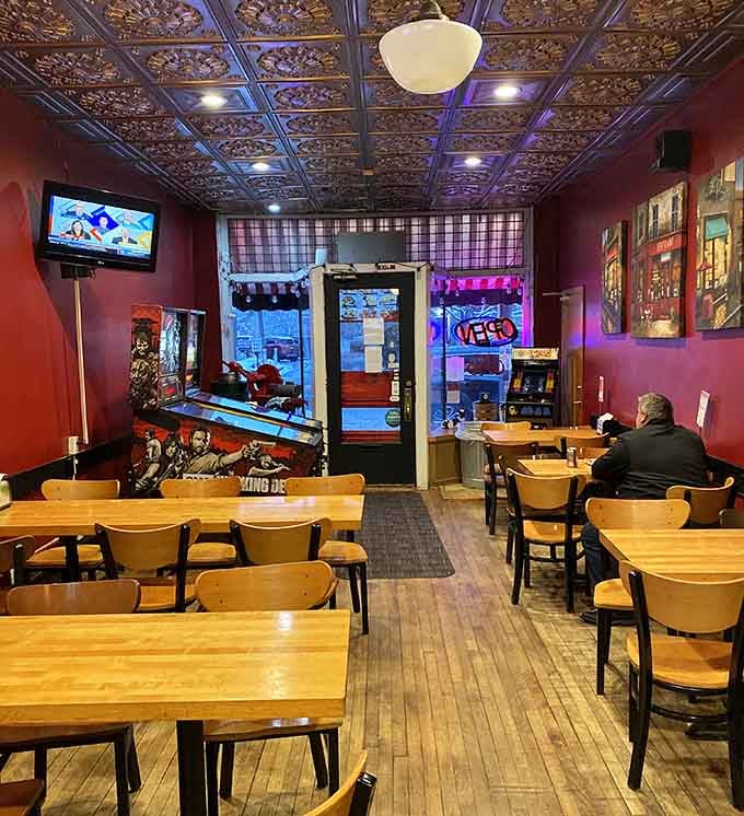 The tin ceiling and cozy chairs create the perfect backdrop for serious ice cream contemplation and family bonding.