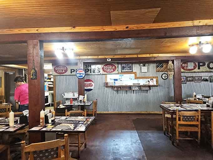 Wood paneling and corrugated metal create the kind of authentic atmosphere that fancy designers spend fortunes trying to replicate.