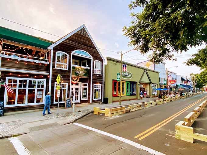 Colorful buildings line the street like a seaside postcard you'd actually want to receive in the mail.