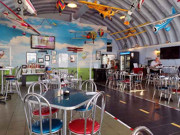 Model planes suspended overhead turn every meal into dinner theater, minus the awkward audience participation and overpriced tickets.