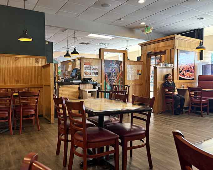 Clean, comfortable, and ready for serious eating. No pretense, just tables waiting for the feast to begin.