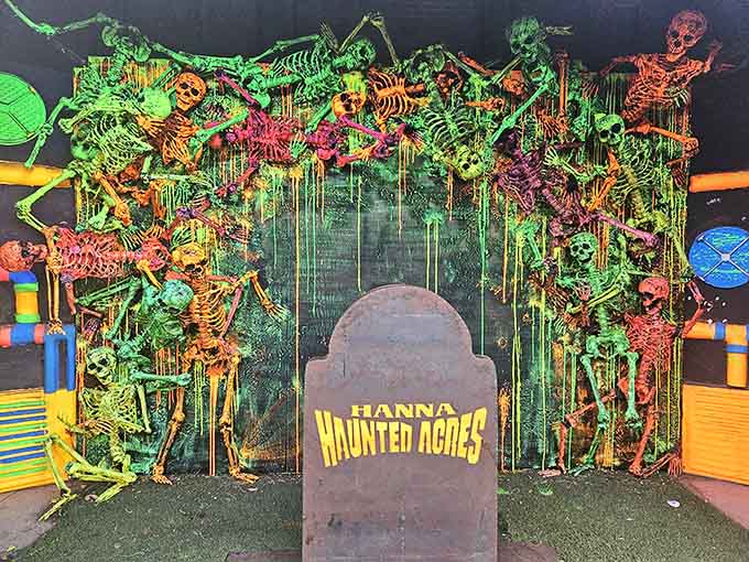 Nothing says "family photo opportunity" quite like posing with neon skeletons dripping with something you hope is paint.