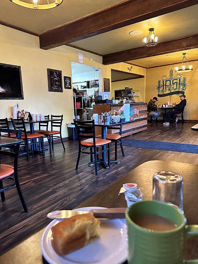 Simple tables, cozy vibes, and the kind of atmosphere where elastic waistbands are considered formal wear.