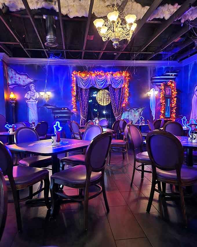 Purple lighting and chandeliers create an atmosphere where your burger tastes better simply because the setting is spectacular.