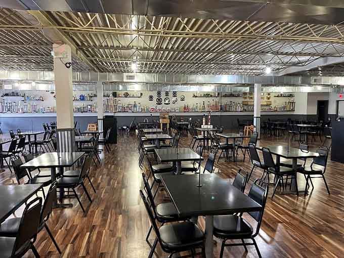 The spacious dining room with soaring ceilings gives you plenty of elbow room to tackle serious barbecue business.