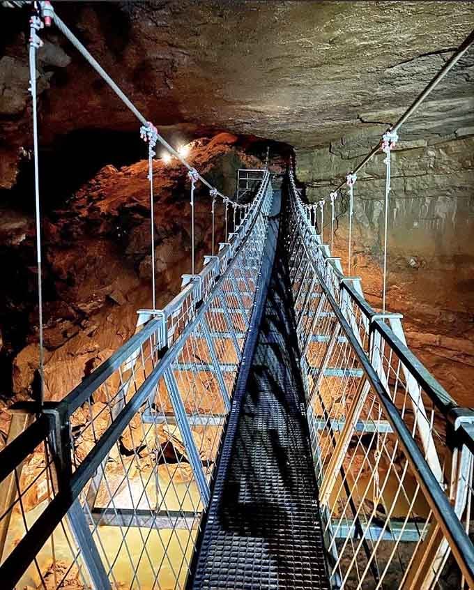 This suspension bridge stretches into darkness like something from an adventure movie, minus the collapsing planks.