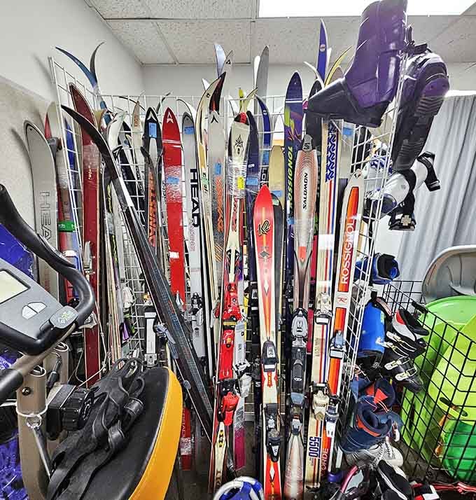 Minnesota's ski history displayed vertically, from wooden relics to neon dreams that defined the slopes.