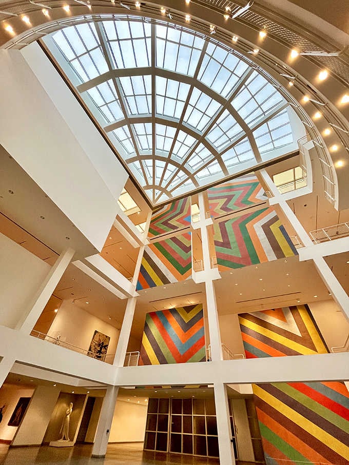 Natural light pours through the atrium like liquid gold, making even the building itself feel like art.