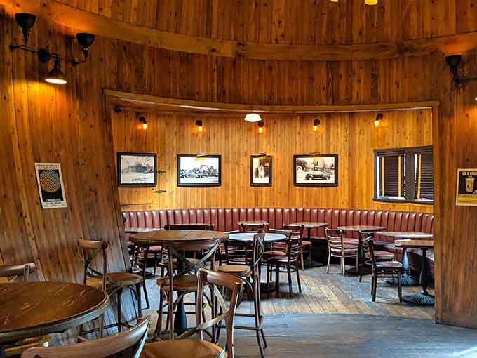 Those curved wooden walls aren't just for show&mdash;you're literally dining inside architectural history wrapped in warm, honey-toned charm.