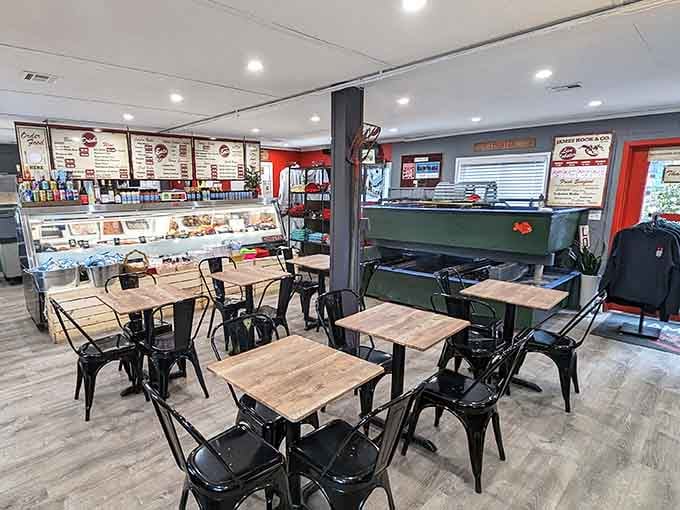 Simple tables, straightforward setup, and a seafood counter that means serious business&mdash;no frills, all thrills here.