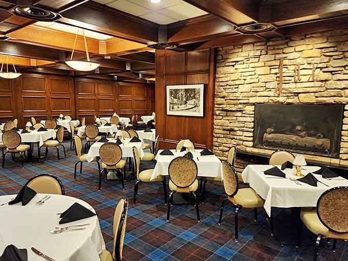 White tablecloths, wood paneling, and a roaring fireplace create the kind of ambiance your smartphone can't replicate.