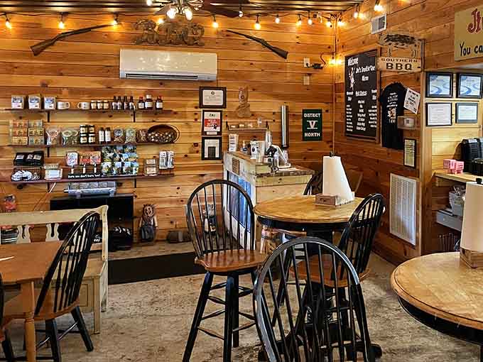 String lights and wood paneling create the cozy cabin vibe your taste buds didn't know they needed until now.