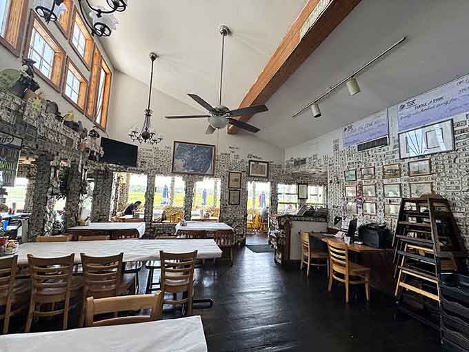 Dollar bills carpeting every surface like the world's most democratic wallpaper, each one a satisfied customer's autograph.