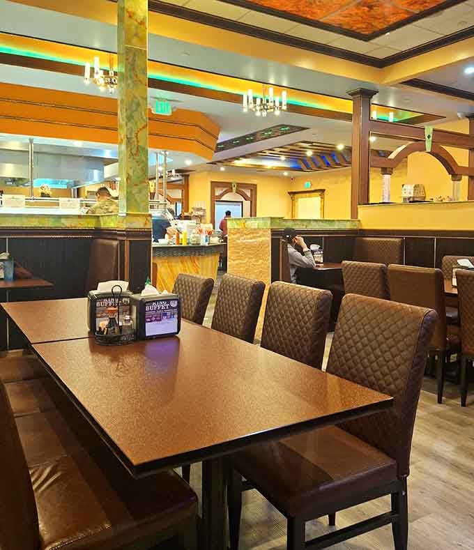 The warm lighting and spacious booths create the perfect setting for your upcoming multi-plate marathon adventure.