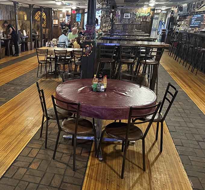 Purple-topped tables add unexpected whimsy to this cozy space where Southern hospitality found its Northern home perfectly.