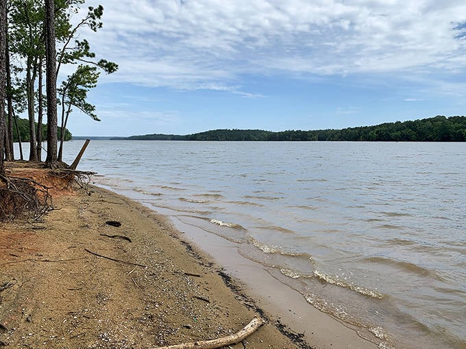 Gentle waves kiss the sandy shore, proving you don't need an ocean to find your beach bliss.