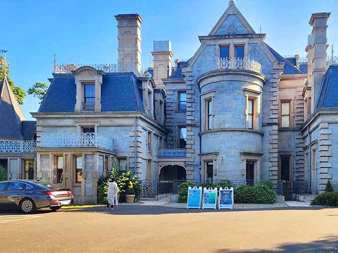 That circular tower entrance whispers "come discover secrets" louder than any welcome mat ever could in suburban Connecticut.