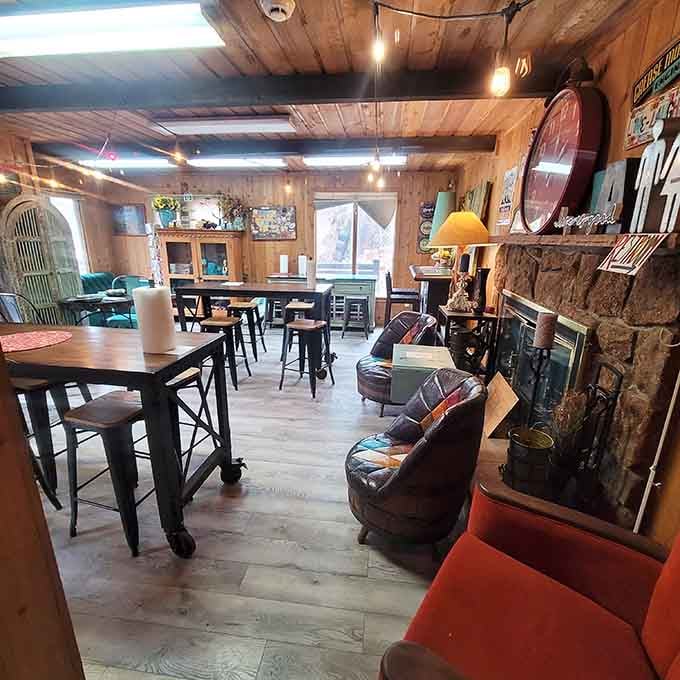 Cozy wood paneling and mismatched furniture create the perfect laid-back vibe for serious comfort food consumption.