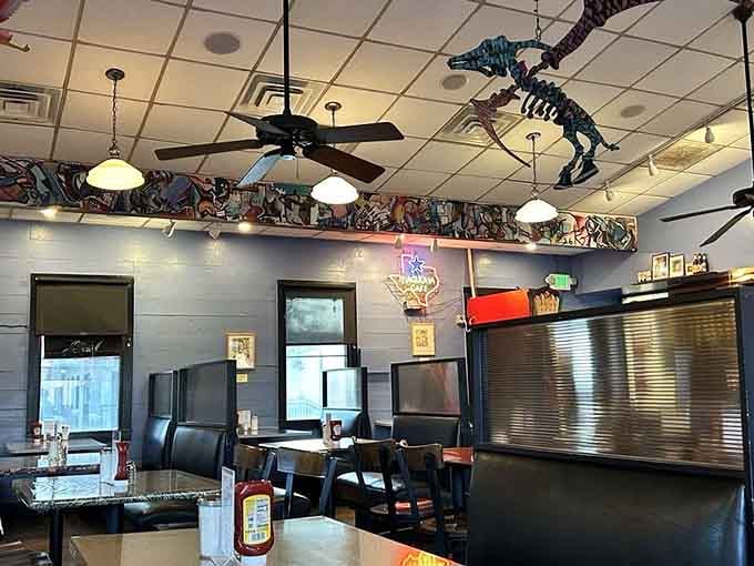 A dinosaur on the ceiling and eclectic art everywhere: this is what happens when Austin opens a diner.