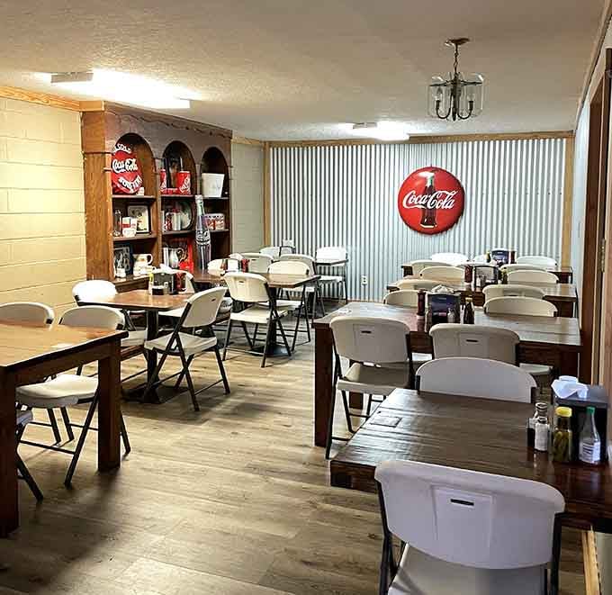 Classic Coca-Cola memorabilia and corrugated metal walls create that perfect no-frills roadhouse vibe where food takes center stage.