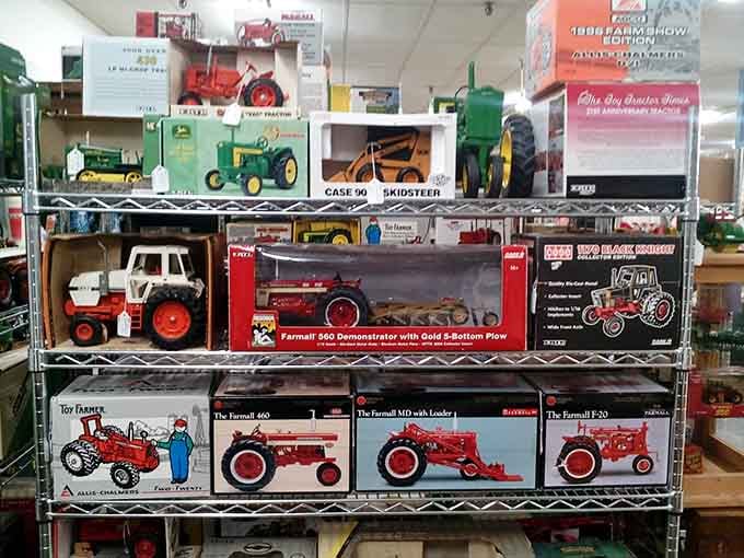 Farm toy heaven exists, and it's organized on metal shelving like a miniature agricultural museum.