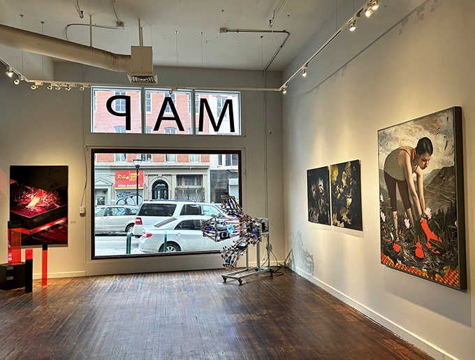 Clean white walls become the perfect stage for art that refuses to whisper when it can shout.