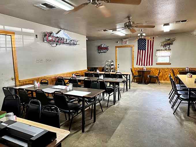 Simple tables, American flag on the wall, and room for everyone who's heard the legends to gather.