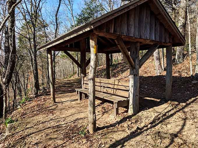 A rustic shelter offers the perfect spot to catch your breath and contemplate life's bigger questions, like why you don't hike more often.