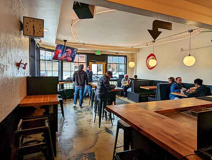 Simple wooden tables and industrial charm create the perfect no-nonsense backdrop for seriously excessive sandwich consumption ahead.
