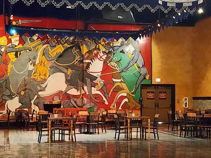 This lobby mural proves knights had way more fun than your average Renaissance fair, and significantly better interior decorators too.