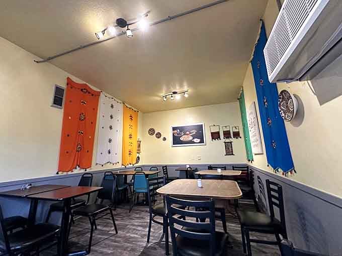 Those colorful wall panels bring unexpected joy to your morning meal, proving breakfast should never be boring.