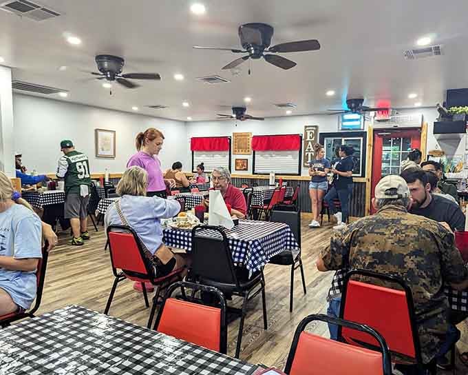 Black and white checkered tablecloths set the stage for some seriously good eating in cozy comfort.