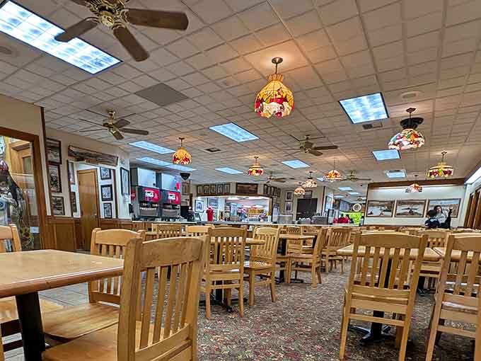 Step inside and those colorful pendant lights welcome you like old friends at a family reunion.