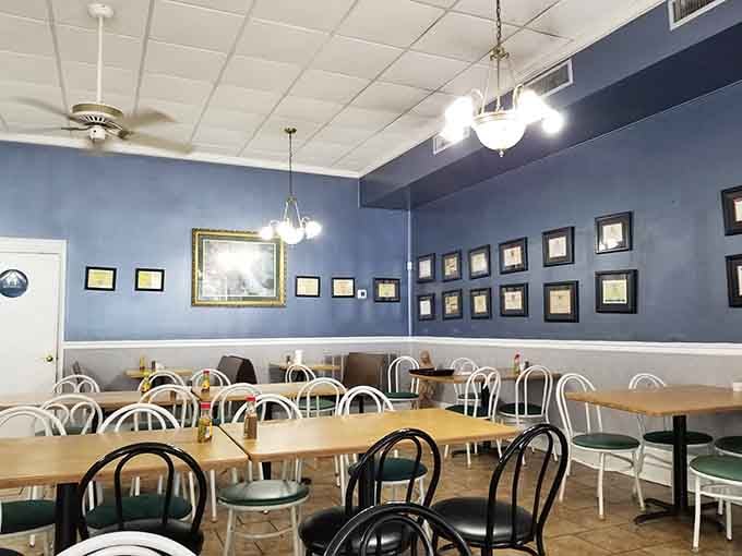 Blue walls and simple chairs create the perfect stage for what really matters: the food on your plate.